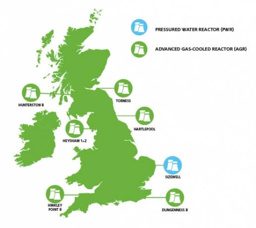 Lokality všech jaderných elektráren ve Velké Británii vlastněné EDF ...